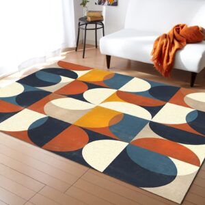 medieval ellipse geometry art area rug, orange beige navy blue splicing decor rug, soft non-slip easy clean rectangle carpet for living room bedroom dining room office, 4x6ft