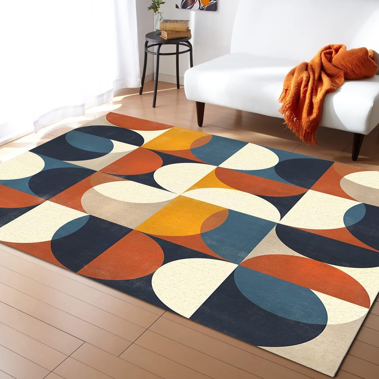 Medieval Ellipse Geometry Art Area Rug, Orange Beige Navy Blue Splicing Decor Rug, Soft Non-Slip Easy Clean Rectangle Carpet for Living Room Bedroom Dining Room Office, 4x6ft