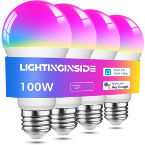 lightinginside smart light bulbs 100w equivalent, 1350lm 11w wifi smart bulb compatible with alexa/google assistant/smart life, a19 e26 rgbcw color changing, no hub required,2.4g wifi, etl listed,4pcs