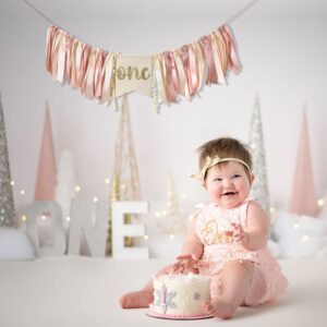 Pink Gold One Highchair Banner - Pink Birthday Party Decoration, Gold One High Chair Banner For 1st Birthday Girl, Cake Smash Photo Prop, Baby Shower Garland (Flower One Banner Pink)