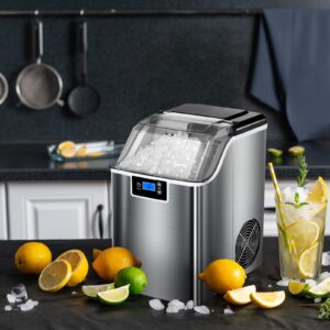 R.W.FLAME Nugget Ice Maker Countertop, Pebble/Pellet Ice Maker，Ice Ready in 10-15 Mins, 44Lbs/24H, Auto Self-Cleaning, with LCD Screen for Home Office Party Bar,Silver