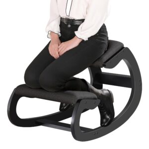 predawn ergonomic kneeling chair, rocking chair stool, knee chair, posture chair for home office meditation wooden & linen cushion-office desk chair for back neck pain relief & improving (black)