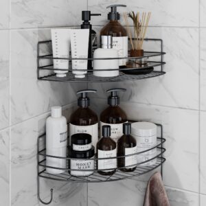 corner shower shelves with 4 hooks, 2-tier stainless steel bathroom shower organizers, wall mounted caddy shelves no drilling with adhesive, triangle storage shelf for toilet, dorm and kitchen, black