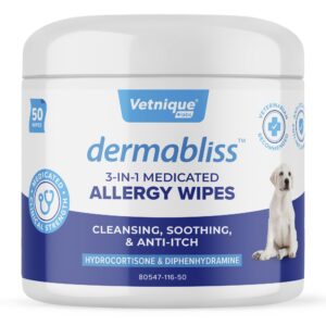 vetnique dermabliss 3-in-1 medicated dog wipes - relief for itchy skin, allergies & odor control, gentle no-sting formula, antihistamine & hydrocortisone paw wipes for dogs & cats 50ct