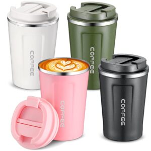 sieral 4 pcs 13 oz christmas travel coffee mug insulated reusable coffee cups with leakproof lid stainless steel portable coffee tumbler for keep hot or ice coffee milk tea(black, white, pink, green)