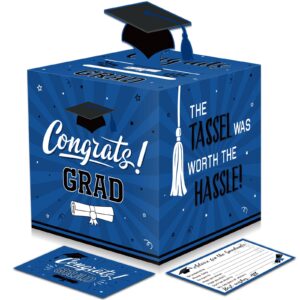 funrous large 2024 graduation card box with 30 pcs advice cards gift money box congrats grad 3d cap top card holder class of 2024 card box for college graduation party supplies decorations(blue)