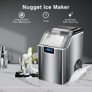 R.W.FLAME Nugget Ice Maker Countertop, Pebble/Pellet Ice Maker，Ice Ready in 10-15 Mins, 44Lbs/24H, Auto Self-Cleaning, with LCD Screen for Home Office Party Bar,Silver