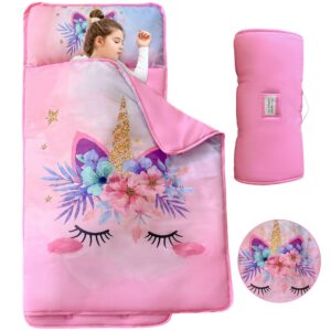 unicorn toddler nap mats for preschool daycare girls pink cartoon kids sleeping mats toddler slumber bag nap pad with removable pillow for girls boys kindergarten sleepovers travel and camping