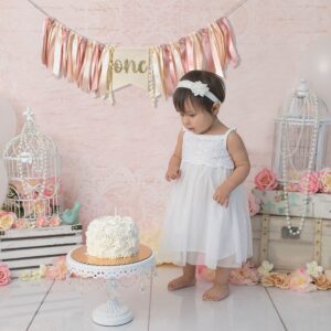 Pink Gold One Highchair Banner - Pink Birthday Party Decoration, Gold One High Chair Banner For 1st Birthday Girl, Cake Smash Photo Prop, Baby Shower Garland (Flower One Banner Pink)