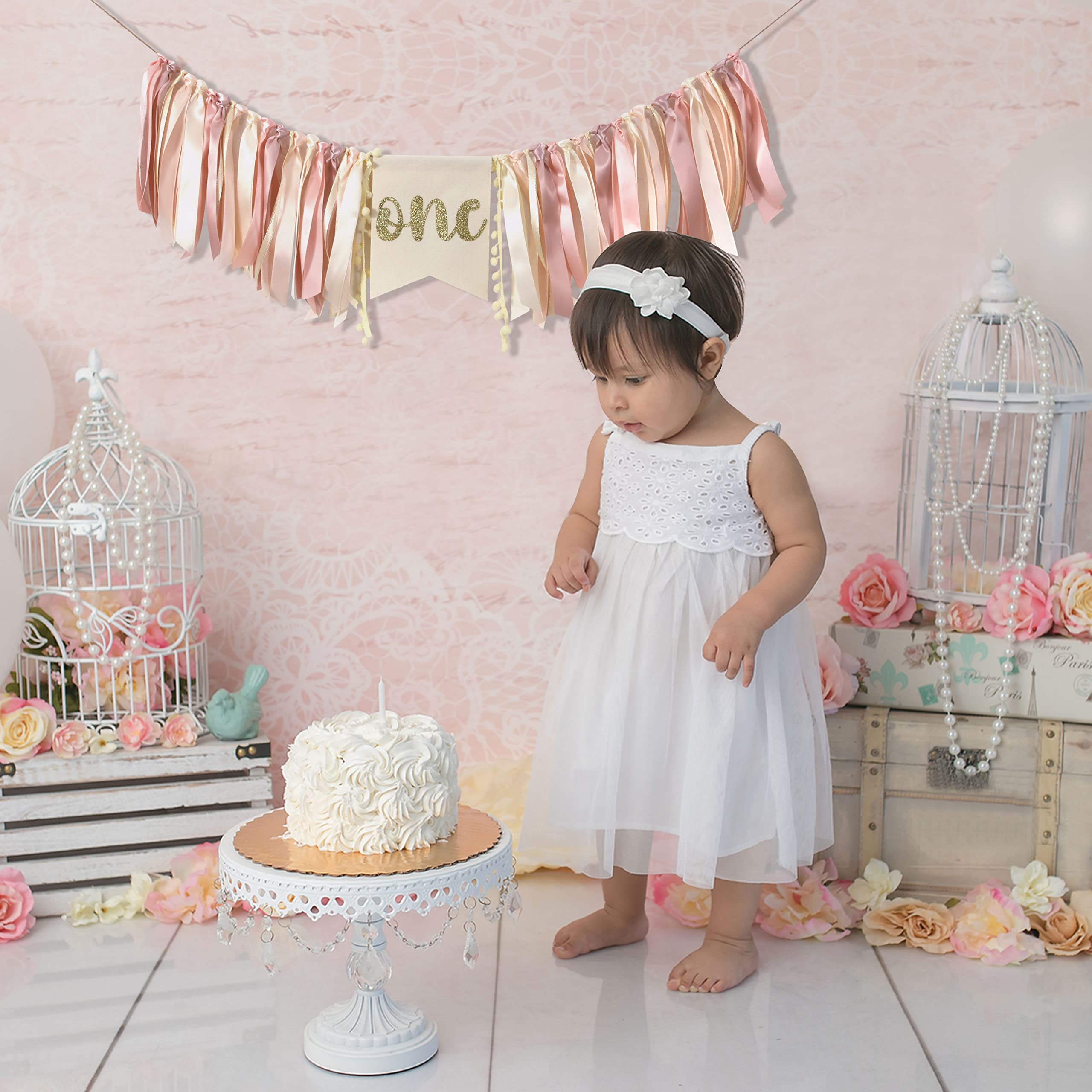 Pink Gold One Highchair Banner - Pink Birthday Party Decoration, Gold One High Chair Banner For 1st Birthday Girl, Cake Smash Photo Prop, Baby Shower Garland (Flower One Banner Pink)