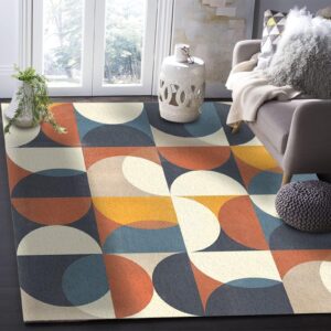 Medieval Ellipse Geometry Art Area Rug, Orange Beige Navy Blue Splicing Decor Rug, Soft Non-Slip Easy Clean Rectangle Carpet for Living Room Bedroom Dining Room Office, 4x6ft