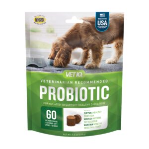 vetiq probiotic supplement for dogs, digestive support for dogs, nourishes gut bacteria and supports bowel function, hickory smoke flavor, made in the usa, 60 count