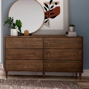 grain wood furniture mid century 6-drawer dresser, brushed walnut