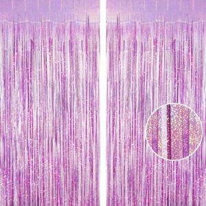 light purple fringe curtain backdrop, 2 pack tinsel foil fringe curtains party decorations streamers, xmas light purple metallic glitter backdrop for birthday wedding bridal shower photo booth