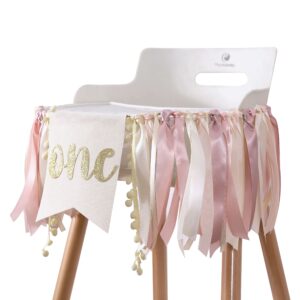 Pink Gold One Highchair Banner - Pink Birthday Party Decoration, Gold One High Chair Banner For 1st Birthday Girl, Cake Smash Photo Prop, Baby Shower Garland (Flower One Banner Pink)