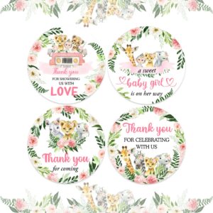 48 packs jungle thank you stickers for girls, baby shower safari jungle thank you stickers, pink baby girl shower wild animals birthday party favor label decorations(2 inch)