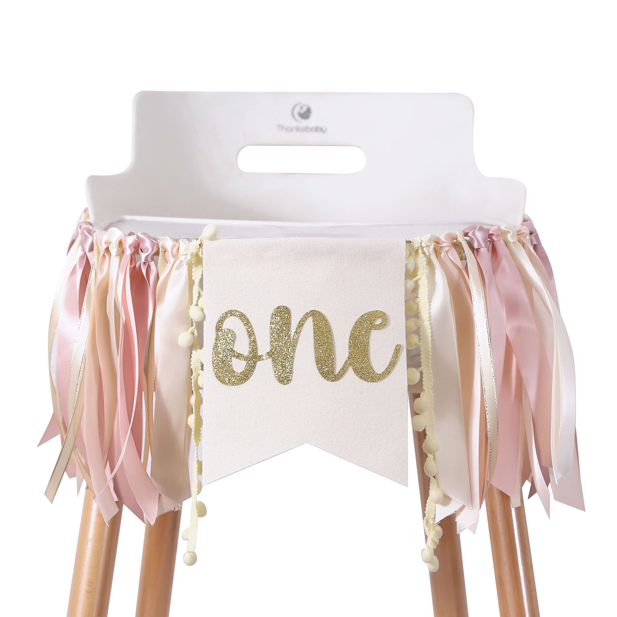 Pink Gold One Highchair Banner - Pink Birthday Party Decoration, Gold One High Chair Banner For 1st Birthday Girl, Cake Smash Photo Prop, Baby Shower Garland (Flower One Banner Pink)