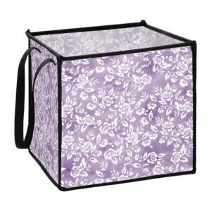 xiomara foldable storage bins,purple pattern white flowers storage baskets cubes with handles for closet nursery office grey and black trim (10.63x10.63x10.63in)