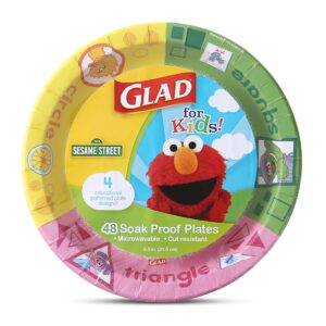 glad for kids sesame street paper plates preschool curriculum style with lessons & questions, 8.5” round, 48ct | sesame street paper plates, kids disposable plates | elmo paper plates