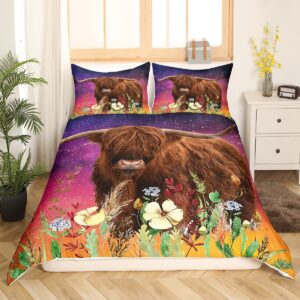 feelyou highland cow duvet cover queen size highland cattle comforter cover 3d printed space bedding set galaxy and flowers bedspread cover for kids boys girls adults with 2 pillow case