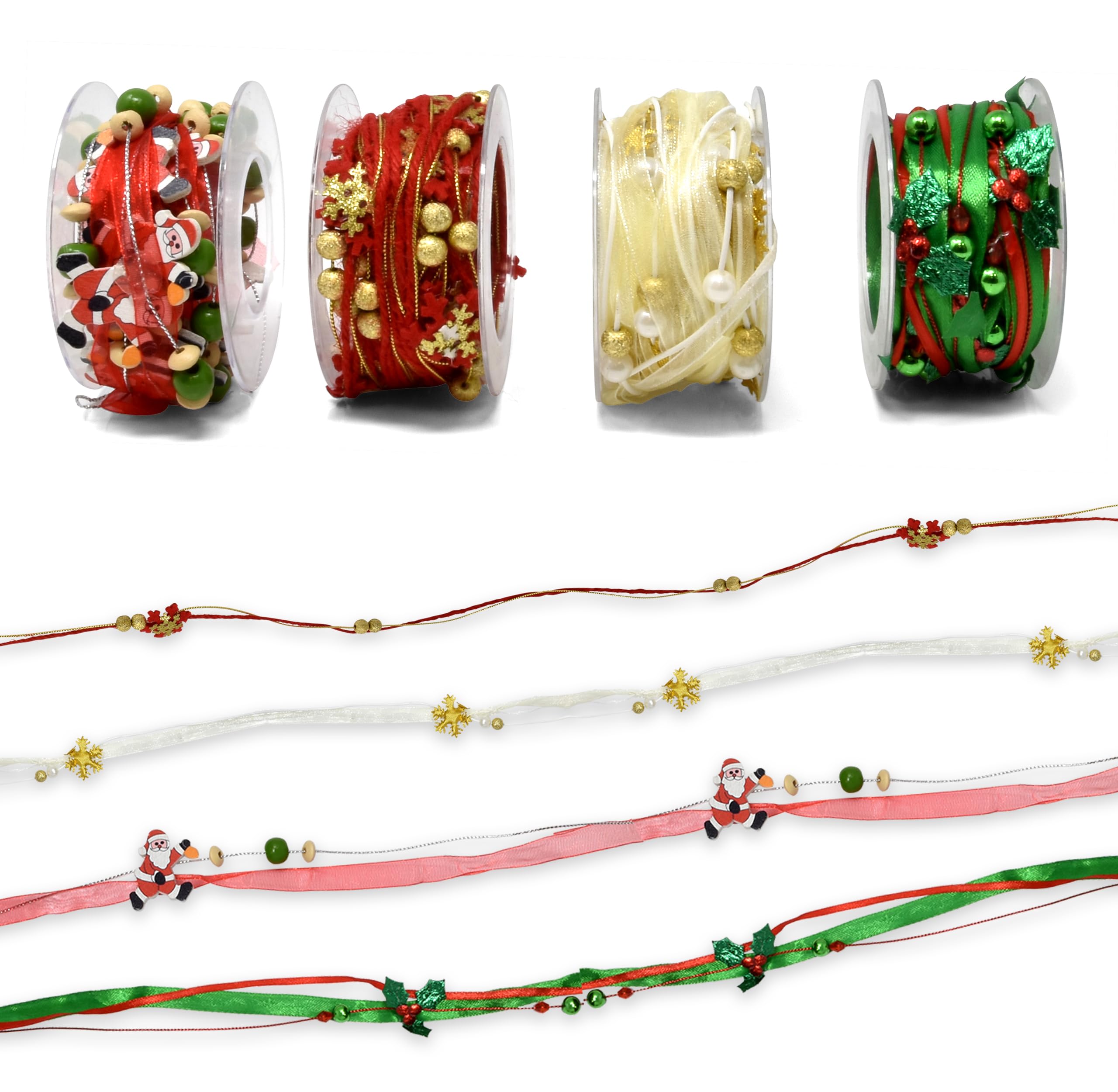 Gift Boutique 4 Xmas Beads Ribbon Rolls Xmas Tree Trim Rope 16.5 Feet Pearl String Bead Ribbon 66 Feet Total for Garland Bow Wreath Gift Wrapping & Packaging Crafts Ornament Wedding Party Craft Décor