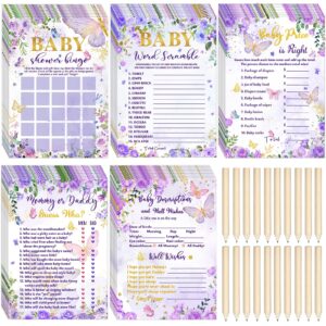 nuanchu 145 pcs butterfly theme baby shower games, 5 games, 25 sheets each with 20 pencils, baby shower bingo, guess who, word scramble, baby descriptions and wishes game