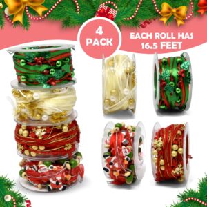 Gift Boutique 4 Xmas Beads Ribbon Rolls Xmas Tree Trim Rope 16.5 Feet Pearl String Bead Ribbon 66 Feet Total for Garland Bow Wreath Gift Wrapping & Packaging Crafts Ornament Wedding Party Craft Décor