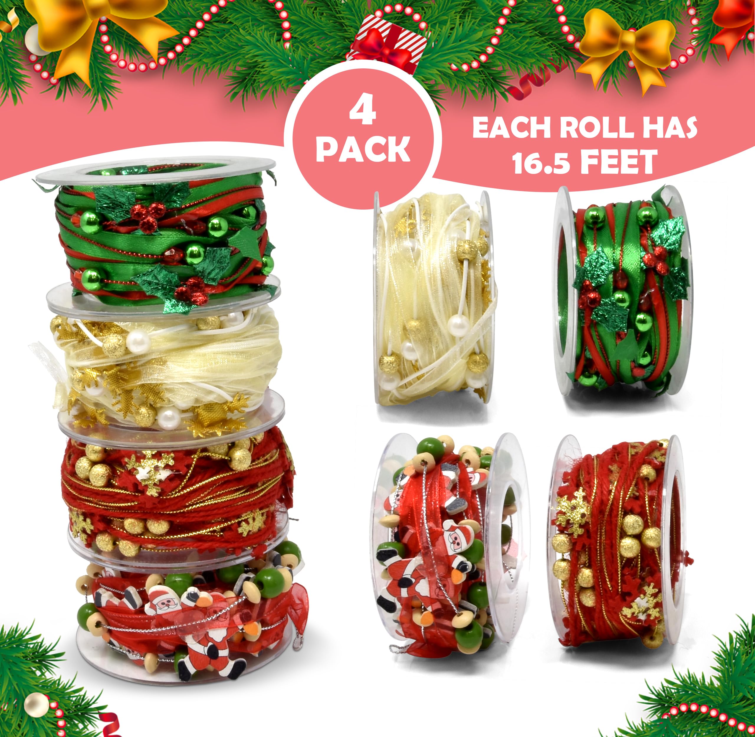 Gift Boutique 4 Xmas Beads Ribbon Rolls Xmas Tree Trim Rope 16.5 Feet Pearl String Bead Ribbon 66 Feet Total for Garland Bow Wreath Gift Wrapping & Packaging Crafts Ornament Wedding Party Craft Décor