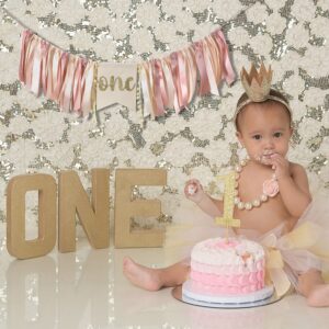 Pink Gold One Highchair Banner - Pink Birthday Party Decoration, Gold One High Chair Banner For 1st Birthday Girl, Cake Smash Photo Prop, Baby Shower Garland (Flower One Banner Pink)