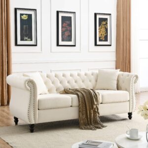 williamspace 80" chesterfield sofa beige velvet for living room, 3 seater sofa tufted couch with two pillows, rolled arms and nailhead for living room, bedroom, office, apartment - beige velvet