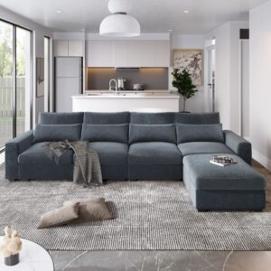 kevinspace 129.9" l-shaped sofa modern 3 seat upholstered couch reversible sectional sofa with removable ottomans solid wood legs and waist pillows for living room, bedroom, dark gray