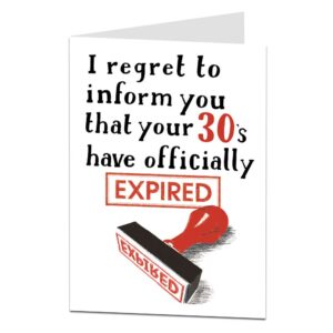 limalima funny 40th birthday card for men & women. we regret to inform you your 30's have expired. humorous design perfect for brother, sister husband, wife, mum, dad & best friends