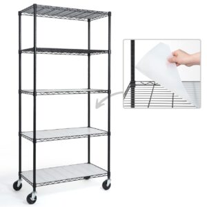 fencer wire nsf commercial heavy duty wire shelving w/wheels, leveling feet & liners, kitchen storage shelf, garage shelving storage, utility wire rack storage shelves, w/liner, 36 x 18 x 76 5-tier