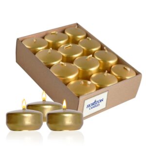 horizon - unscented 24 piece floating candles for parties | 2" dripless and smokeless floating candles with 5 hours burning time for centerpieces at wedding, pool, home decor | metallic gold