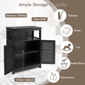 COSTWAY Bathroom Storage Cabinet, Wooden Side Storage Organizer with Louver Doors & Removable Shelf, Freestanding Floor Cabinet for Living Room, Kitchen, Entryway (Black)