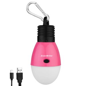 everbrite rechargeable camping light,portable tent lantern,3 lighting modes, hanging tent light bulbs with clip hook for hiking, fishing, backpacking, emergency and more-pink