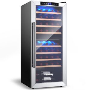 costway 20-inch wine cooler refrigerator, 43 bottles dual zone wine cellar with 8 wooden shelves, tempered glass door, built-in or freestanding mini wine fridge for home office bar