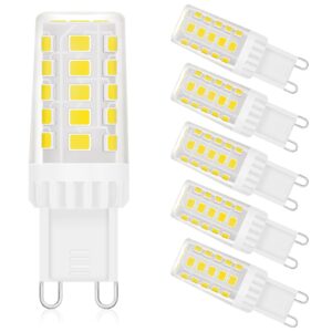 energetic g9 led bulb non-dimmable, 40w t4 g9 halogen equivalent, 400lm g9 led bulb daylight 5000k, g9 loop pin base led bulbs for chandelier lighting, etl listed, 6 pack