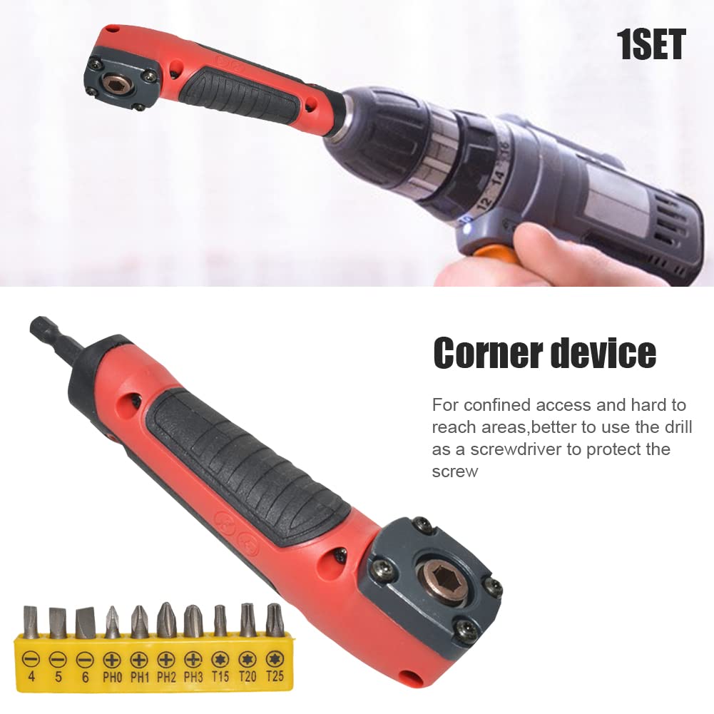 EKDJKK Right Angle Drill Attachment Electric Screwdriver Repair Set 90 Degree Corner Device Screwdriver Socket Adapter Kit 1/4 Inch Right Angle Drill Adapter with 10 Drill Bit Sets for Impact Driver