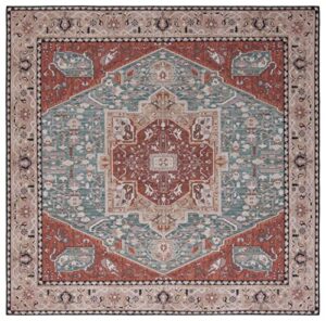 safavieh tucson collection area rug - 8' square, aqua & rust, traditional persian design, non-shedding machine washable & slip resistant ideal for high traffic areas in living room, bedroom (tsn150j)