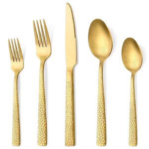 hammered gold silverware set, ogori 30-piece food grade stainless steel matte gold flatware set with square handle, service for 6, tableware cutlery set for home and restaurant, dishwasher safe