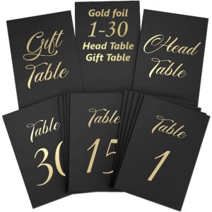 black wedding table numbers 1-30 with gold foil letters - table number cards 4x6 with head & gift table - wedding numbers for tables card stock wedding table numbers for tables - wedding reception