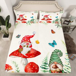 Mushroom Bed Sheet,Kawaii Spring Gnome Sheet Sets For Girls Boys Kids,Butterfly Plants Sheet Set,Cute Red Green Gnome Flat Sheet For Bedroom,Wild Spieces All Season Top Sheet Full Size,4 Pieces