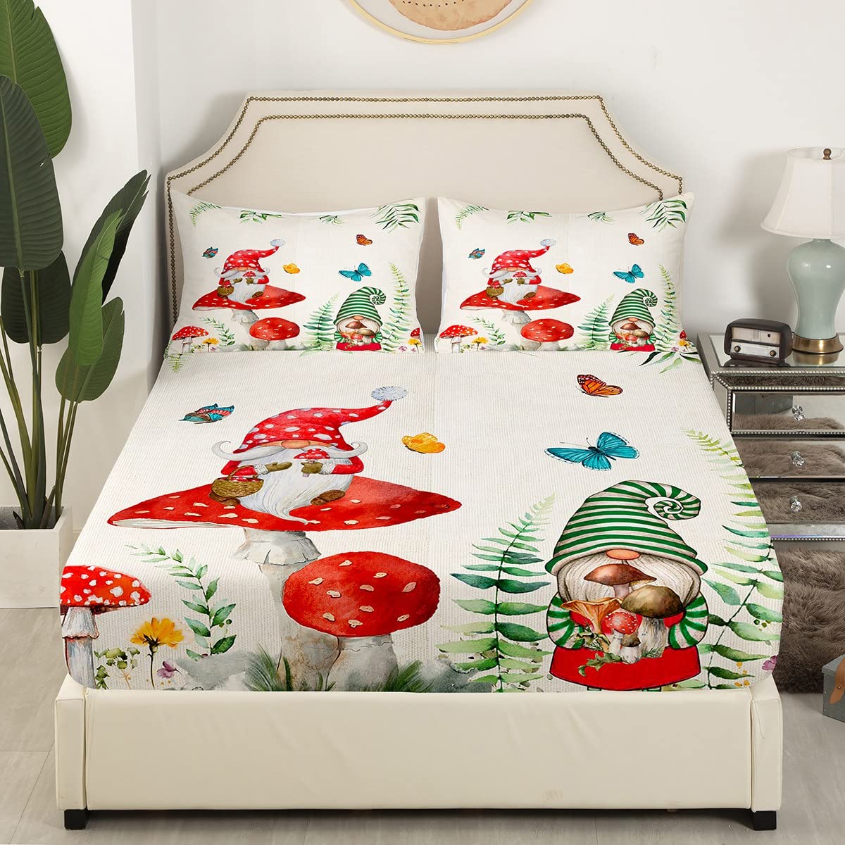 Mushroom Bed Sheet,Kawaii Spring Gnome Sheet Sets For Girls Boys Kids,Butterfly Plants Sheet Set,Cute Red Green Gnome Flat Sheet For Bedroom,Wild Spieces All Season Top Sheet Full Size,4 Pieces