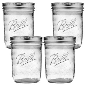 wide mouth mason jars 16 oz - (4 pack) - ball wide mouth pint 16-ounces mason jars with airtight lids and bands - for canning, fermenting, pickling, freezing, storage + m.e.m rubber jar opener