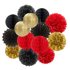 red-black gold party decorations streamers lanterns - 14pcs casino-theme graduation 2024 paper fan,game night wedding birthday baby bridal shower tissue pom poms,honeycomb balls decor ouruola