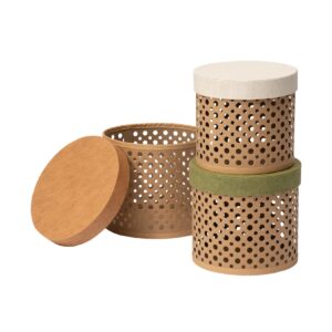 la jolie muse decorative round storage boxes set of 3, polka dot cutout baskets with lids, desktop storage organizer, gift baskets with linen paper lids, brown baskets, multiple colors lids