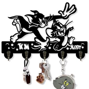 avjera cat and mouse key holder for wall decorative, tom cat wall mounted jerry mouse key organizer with 5 key hooks, cartoon anime adhesive key rack for kitchen