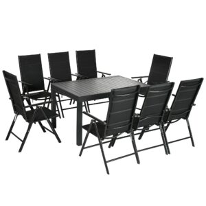 outsunny 9-piece patio dining set for 8, outdoor aluminum frames dining furniture set with expandable table, adjustable high back portable chairs and mesh fabric seats, black