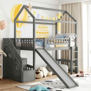 twin loft bed with stairs and slide, wooden house loft bed twin size with step storage drawers stairway playhouse bed for kids, toddlers, girls & boys, no box spring needed (twin, gray)